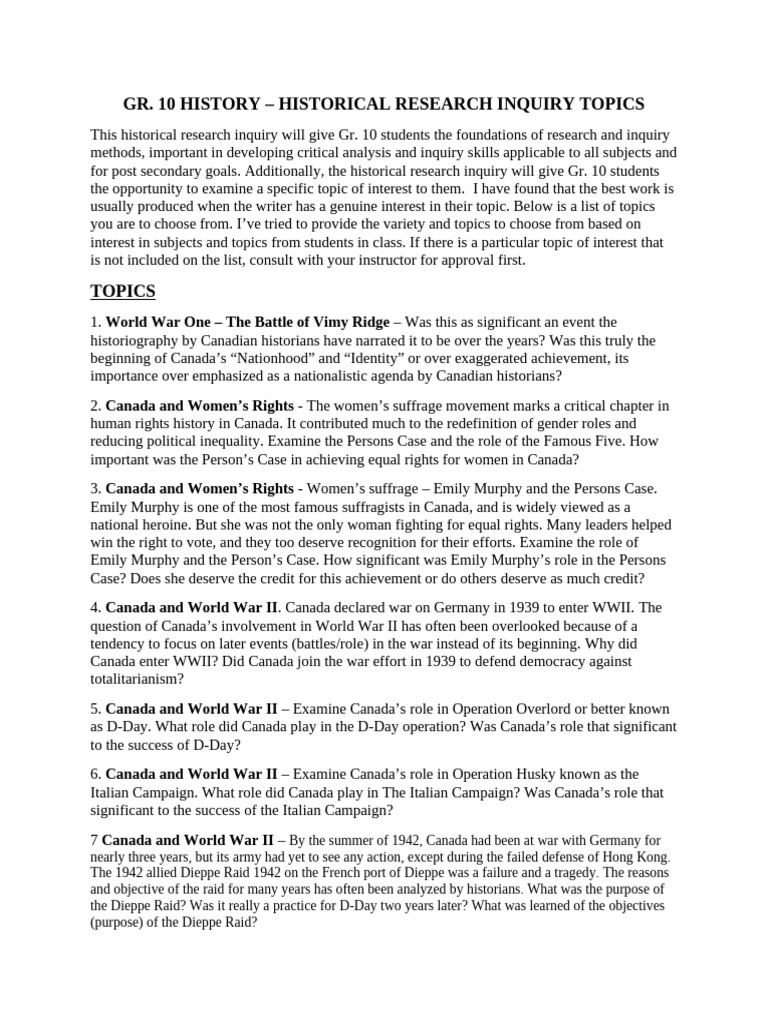 GR. 10 HISTORY - RESEARCH INQUIRY TOPICS | PDF | World War II | Cold War