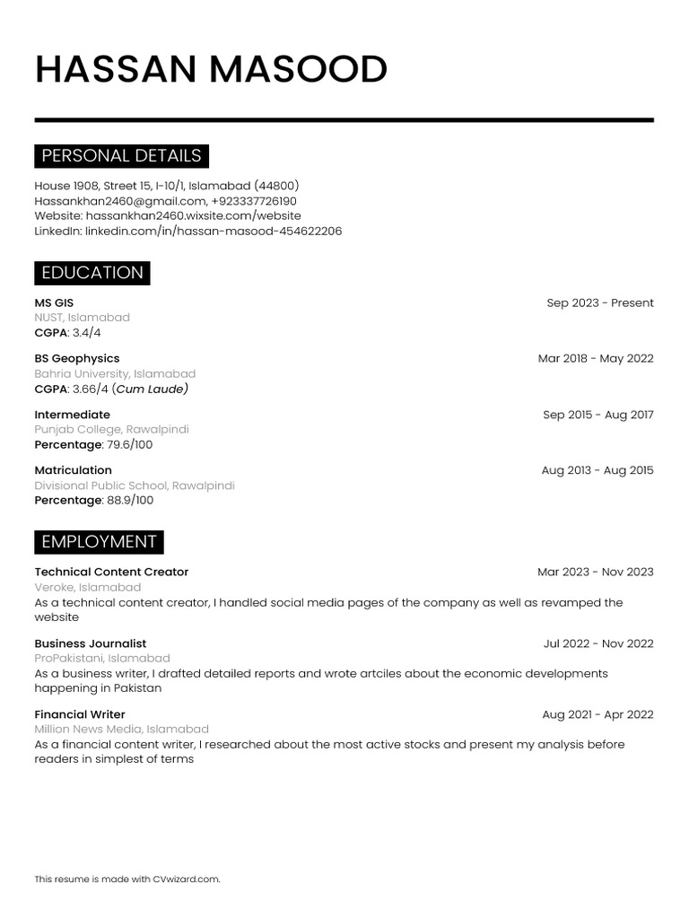 Hassan Masood Resume - Writing | PDF | Islamabad | World Politics