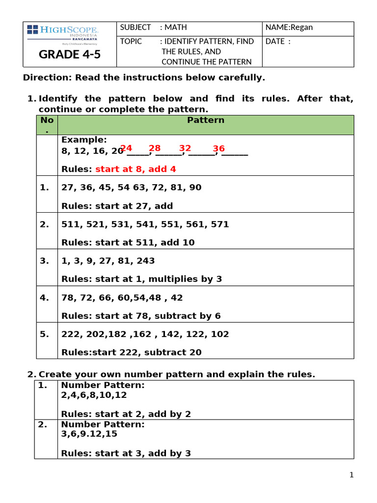 Math 4-5 - Identify Pattern, Find The Rules and Continue The Pattern ...