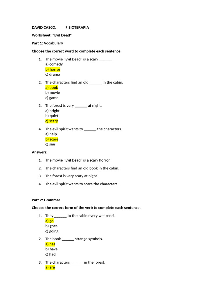 Evil Dead Vocabulary and Grammar Worksheet | PDF
