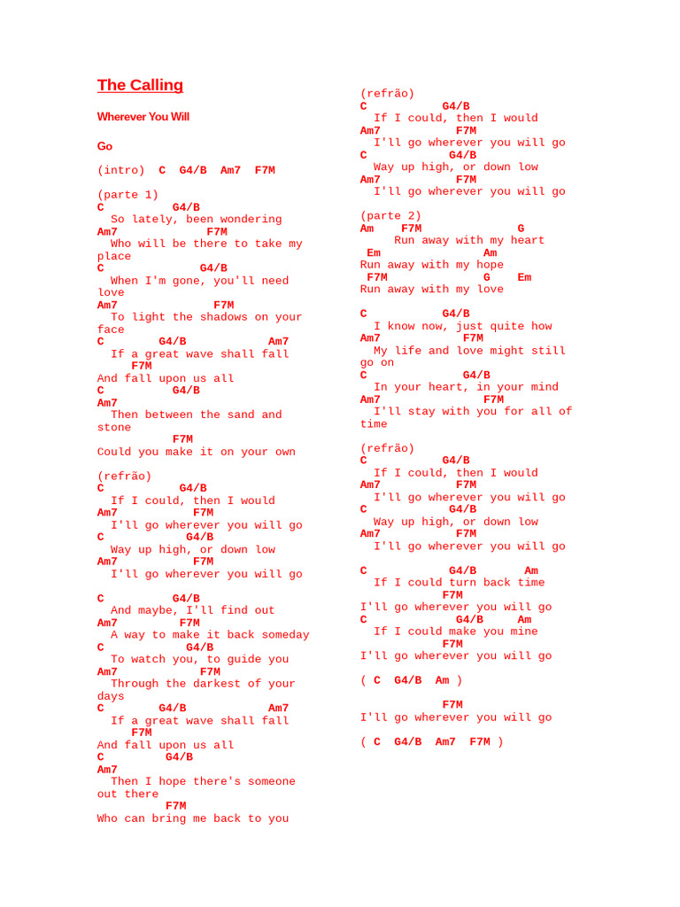 The Calling: Wherever You Will Go Chords | PDF