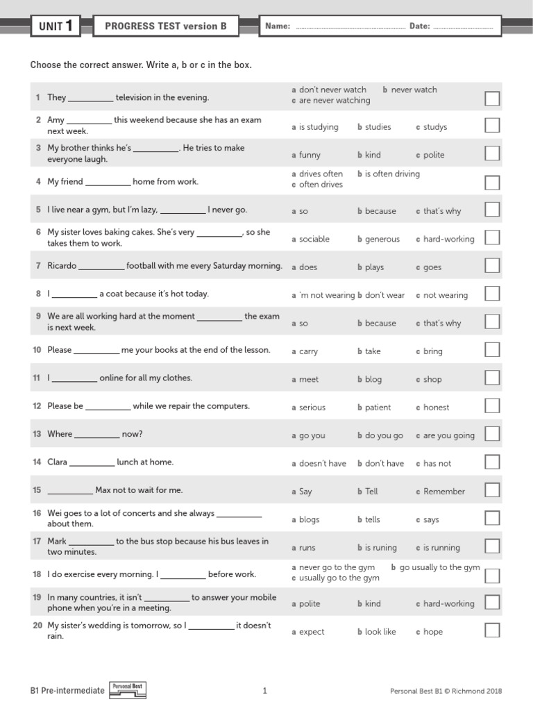 PB BrE B1 Unit Test U1 Version B | PDF