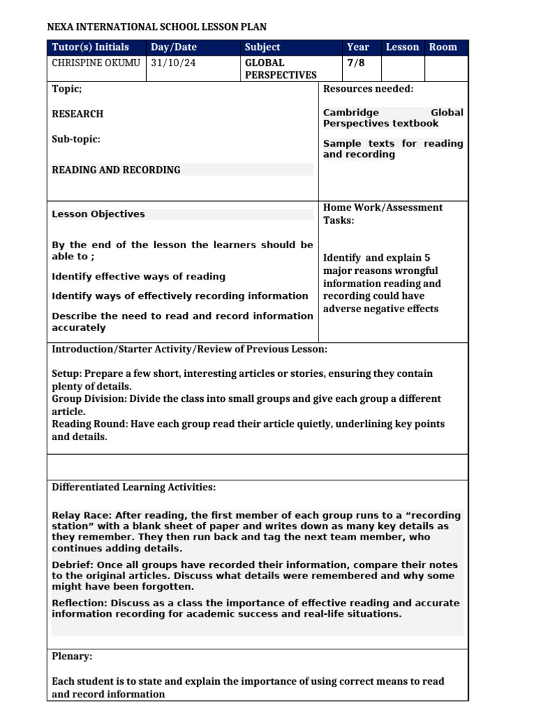 Global Perspectives Lesson Plan for Year 7 | PDF