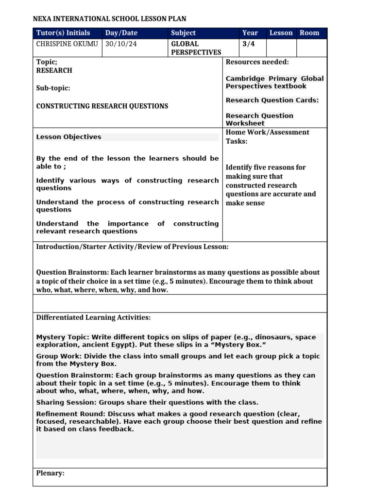 Global Perspectives Year 3 - 4 Lesson Plan | PDF | Lesson Plan | Learning