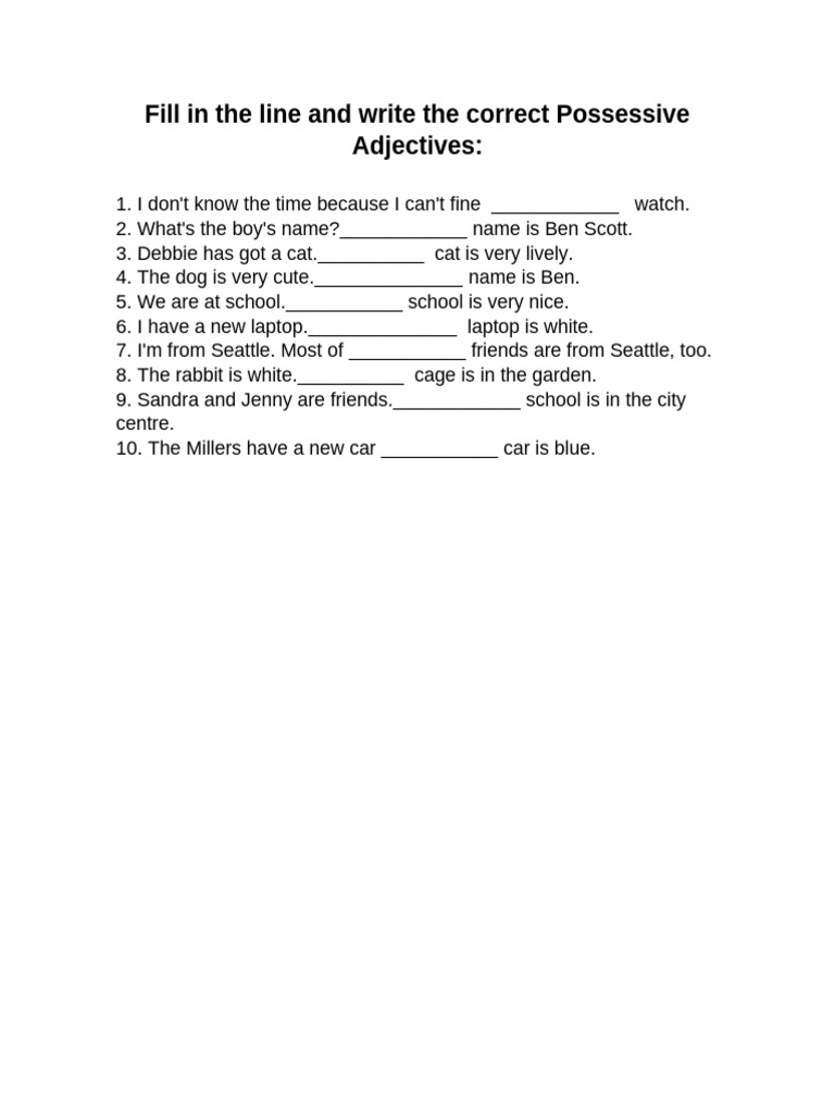 Fill in The Line and Write The Correct Possessive Adjectives | PDF