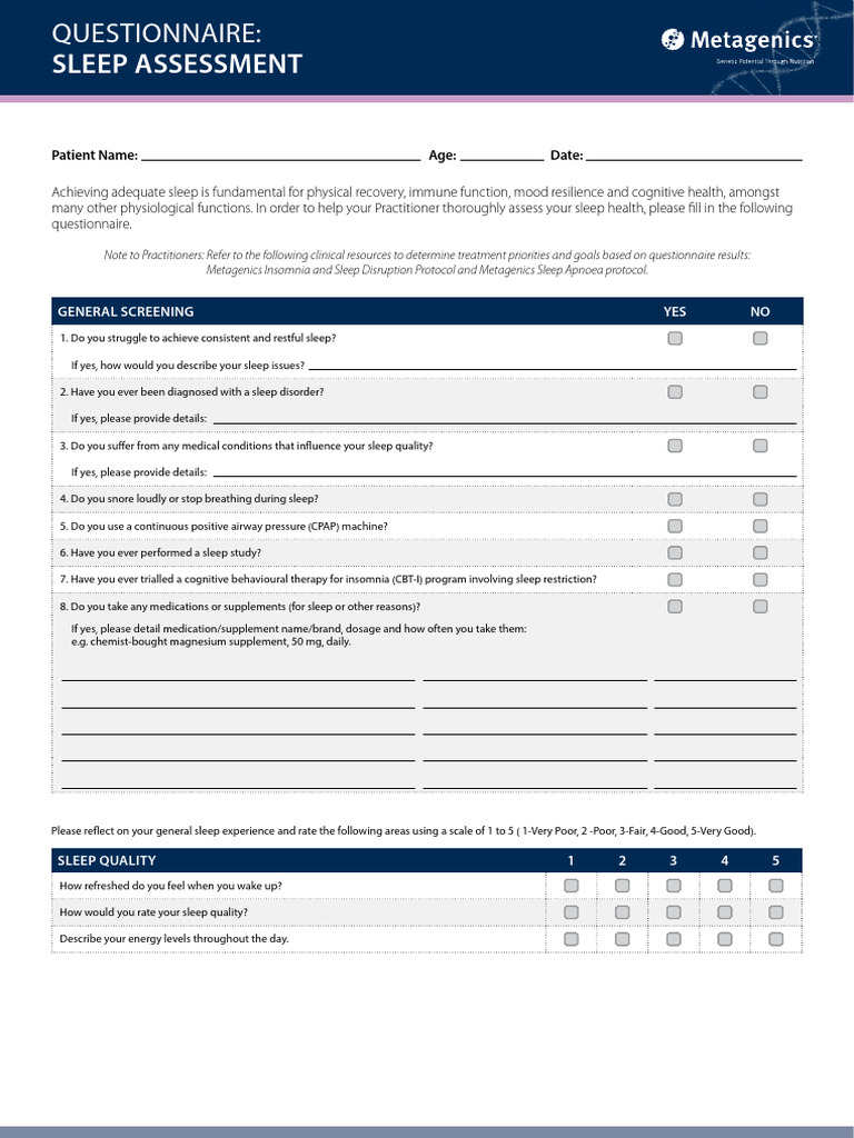 Sleep Assessment Questionnaire by Metagenics | PDF | Sleep | Insomnia