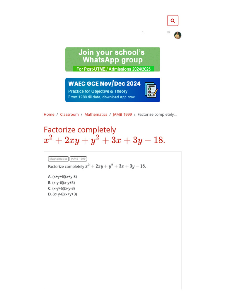 Factorize Completely - (X (2) + 2xy + y (2) + 3x + 3y - 18 - ) - Myschool | PDF | Mathematics