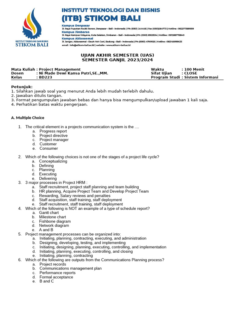 Soal UAS PM BD223 | PDF | Project Management