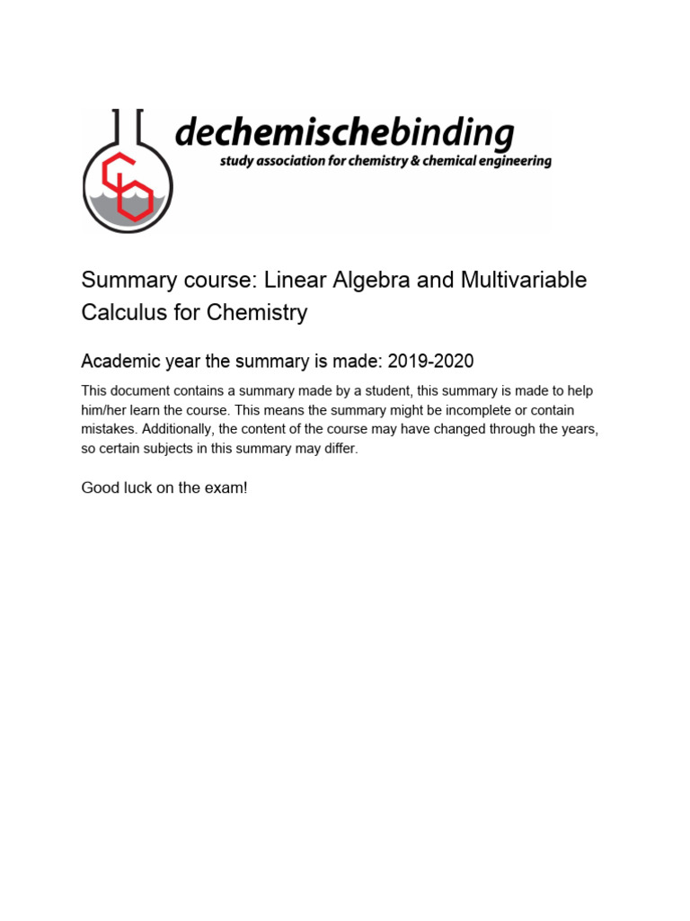 Summary Linear Algebra and Multivariable Calculus For Chemistry 19-20 ...