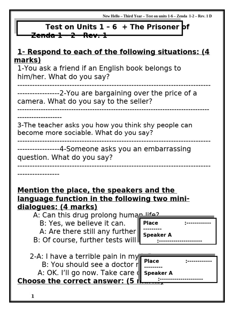 New Hello Third Year - Test On Units 1-6 Rev. 1 Mod. 2 - D | PDF ...