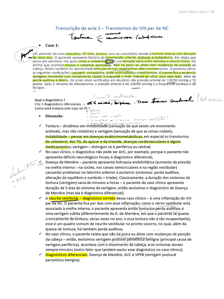 Otorrino - Aula 5 - Transtornos Do VIII Par-1 | PDF | Vertigem ...