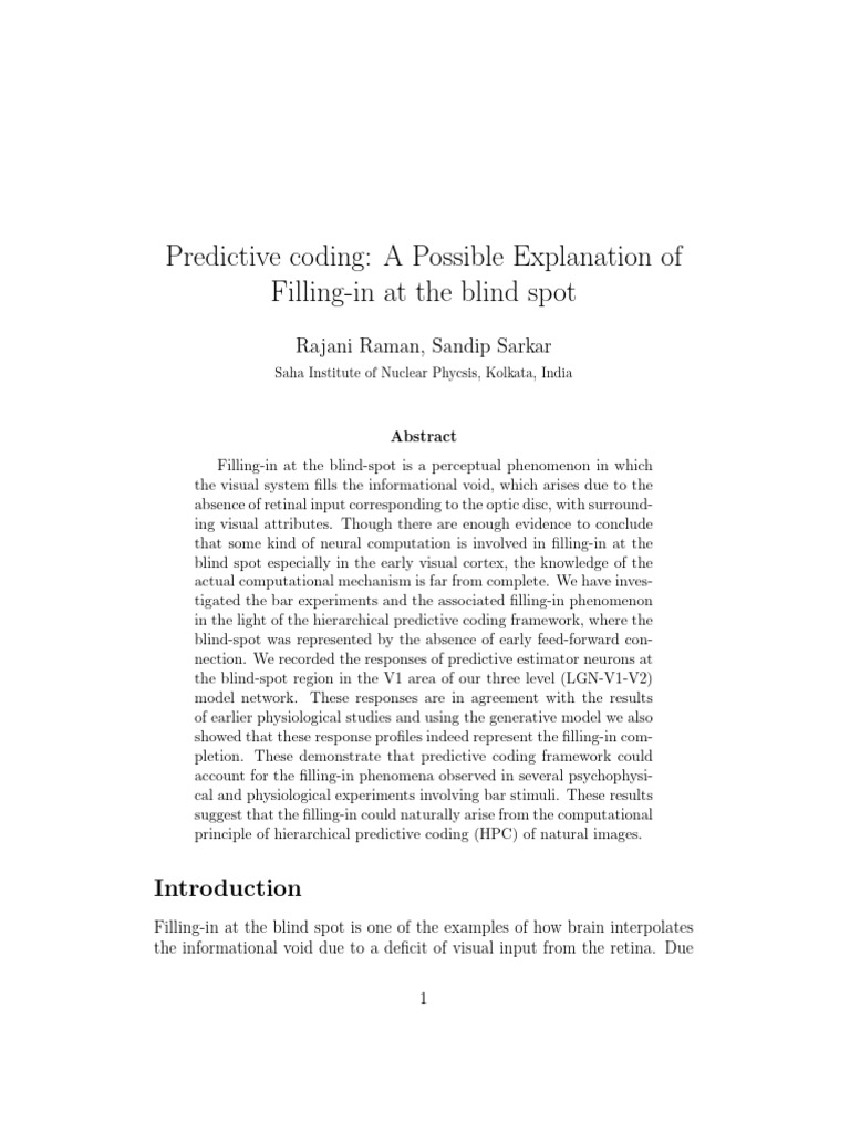 Predictive Coding For Filling in Blind Spot | PDF | Visual Cortex | Visual System