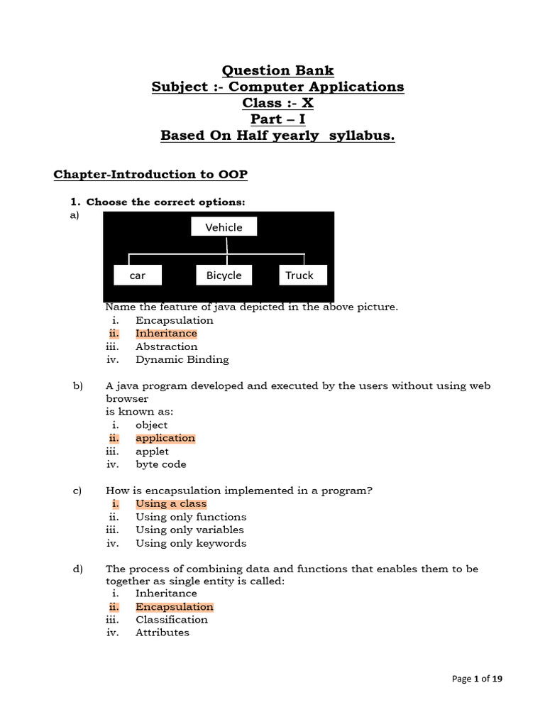 Class X Computer Applications OOP Quiz | PDF | Method (Computer Programming) | Parameter ...