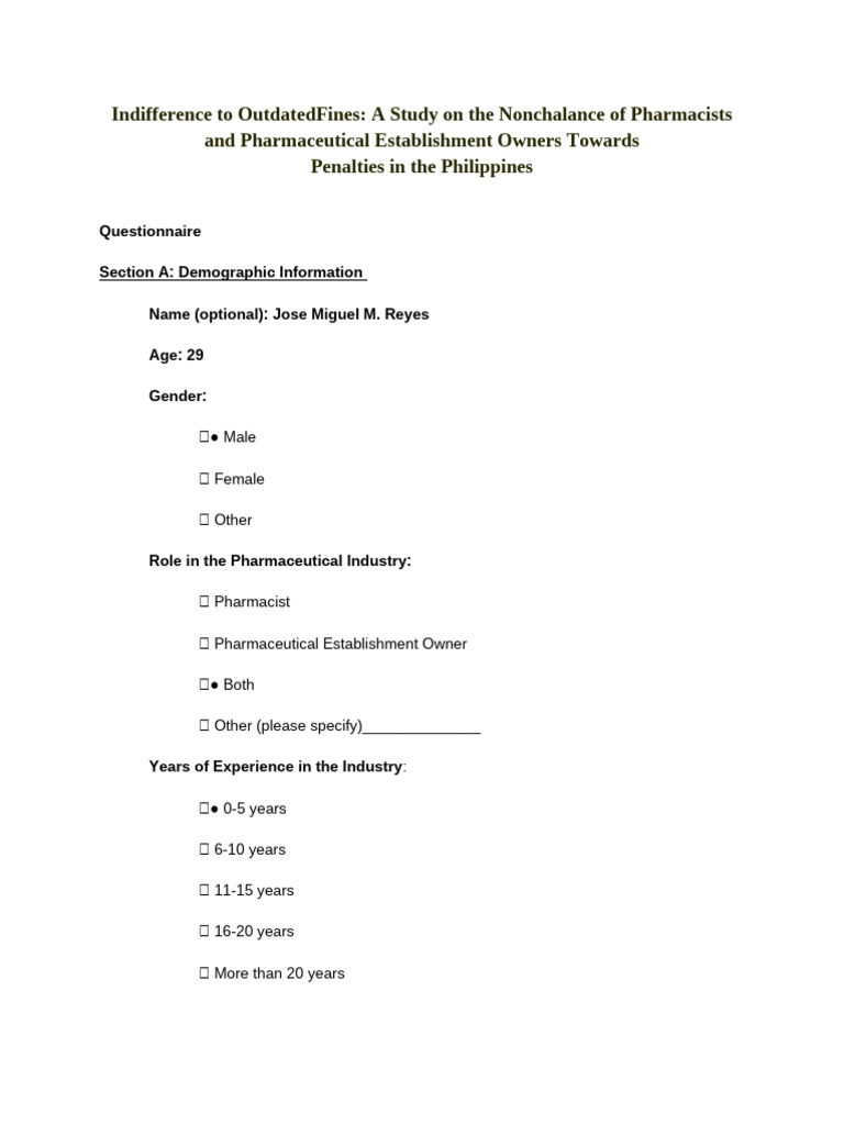 Questionnaire | PDF | Pharmacy | Pharmacist