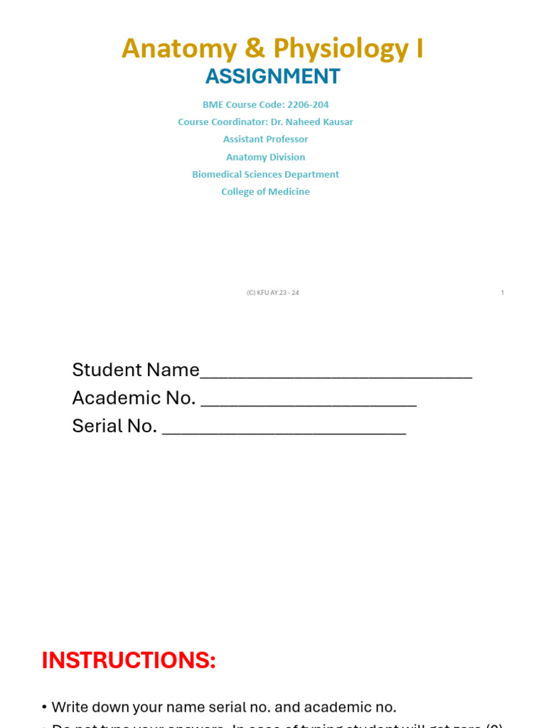 Bme Assignment Anatomy and Physiology Cours I 23 - 24 | PDF | Technology & Engineering