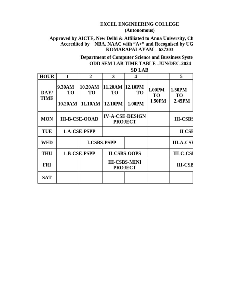 Lab Time Table Updated 13.7.2024 | PDF | Educational Organizations | Educational Institutions