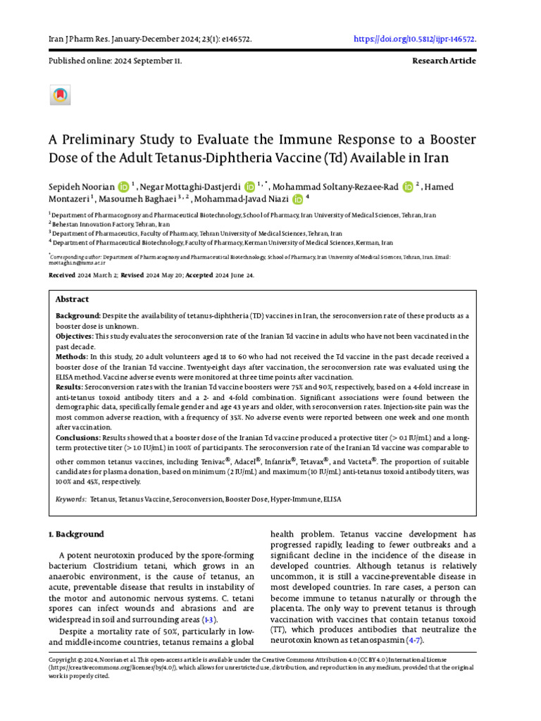 Assessing The Immune Response To A Booster Dose of (TD) Available in ...