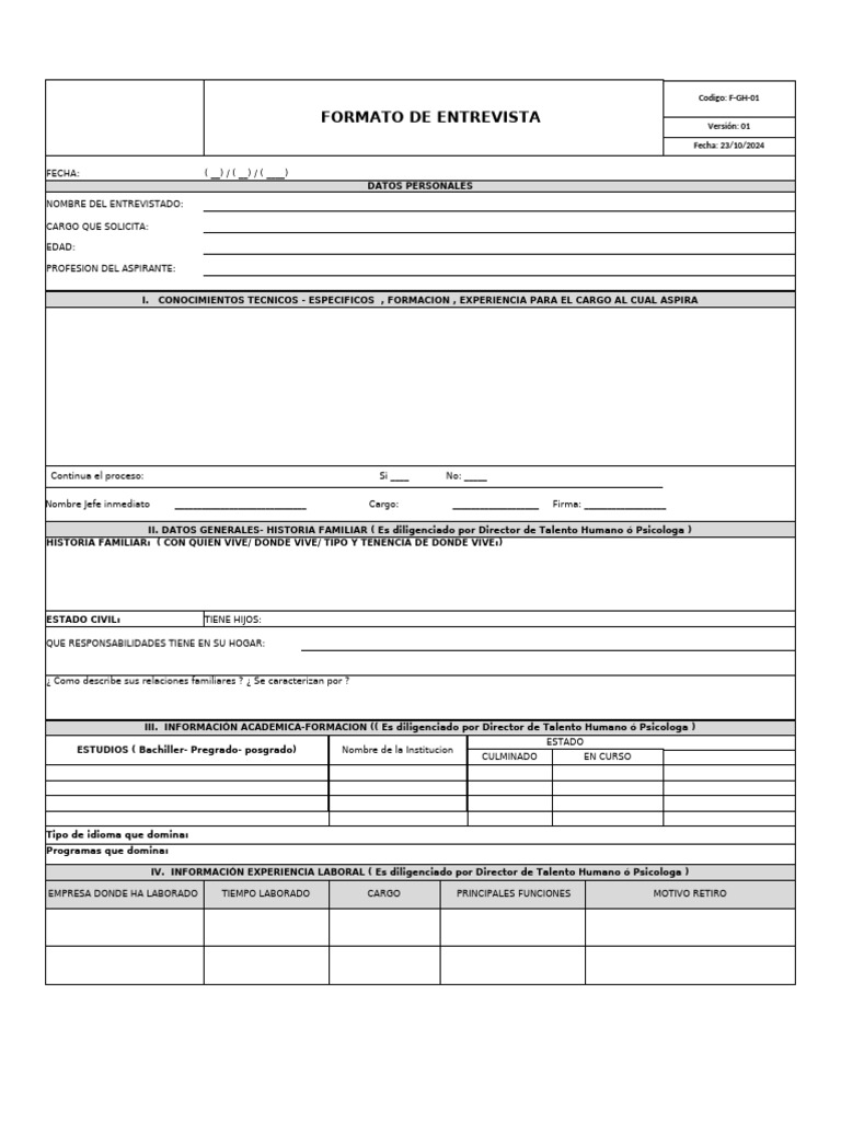Formato de Entrevista Laboral F-GH-01 | PDF | Sicología