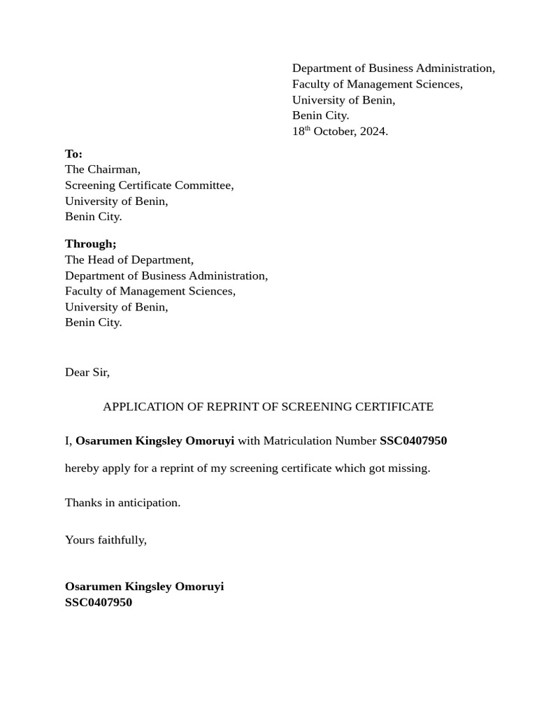 Application of Reprint of Screening Certificate | PDF