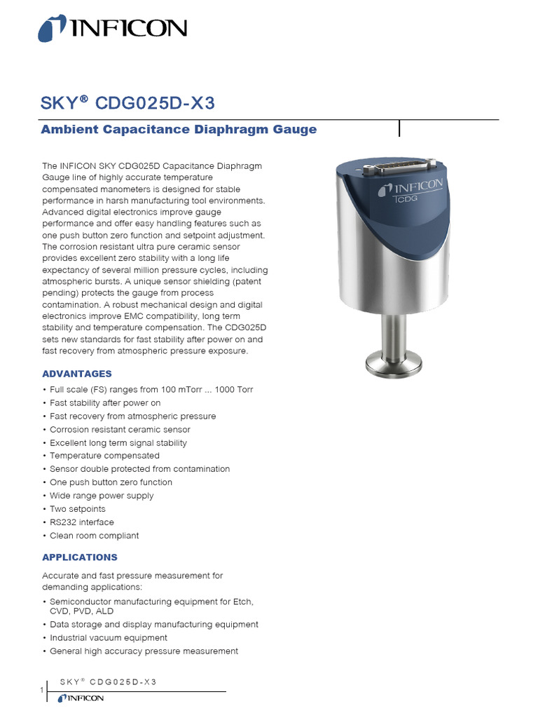 SKY® CDG025D-X3 0.1 ... 1000 Torr Mbar Process Gauge | PDF | Pressure Measurement | Electronics