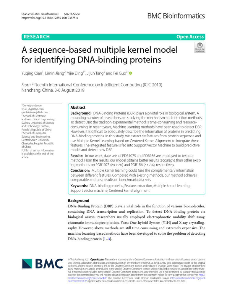 A Sequence Based Multiple Kernel Model For Identifying DNA Binding Proteins | PDF | Receiver ...