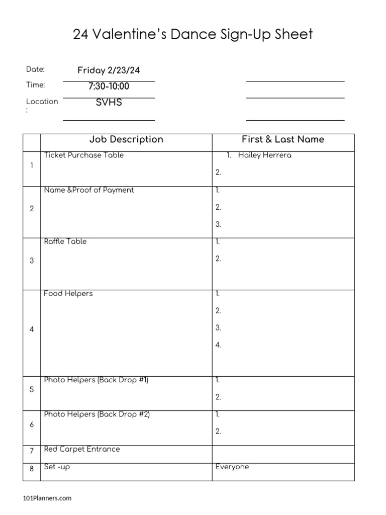 24 Valentine's Dance Sign-Up Sheet | PDF