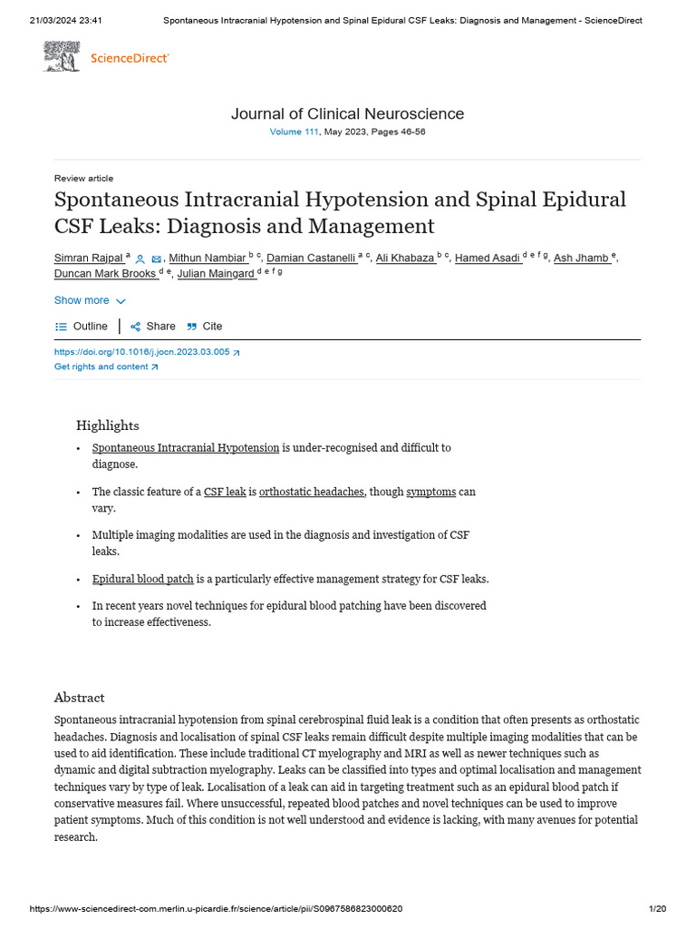 Spontaneous Intracranial Hypotension and Spinal Epidural CSF Leaks - Diagnosis and Management ...
