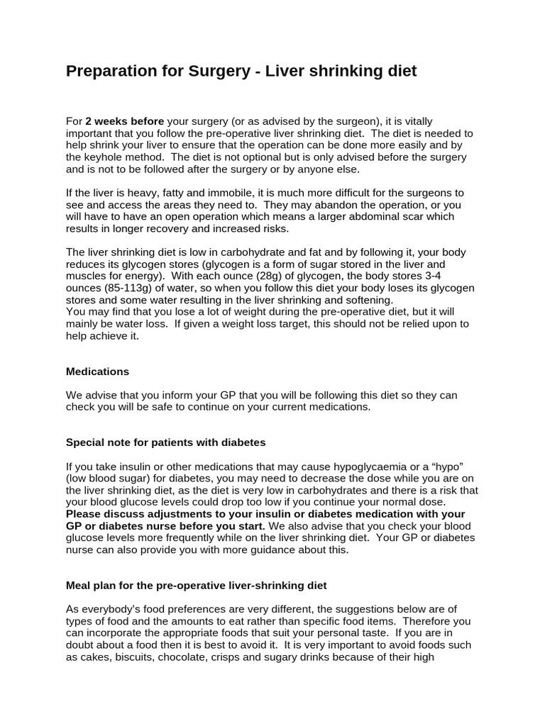Preparation For Surgery Liver Shrinking Diet | PDF | Dieting | Diabetes
