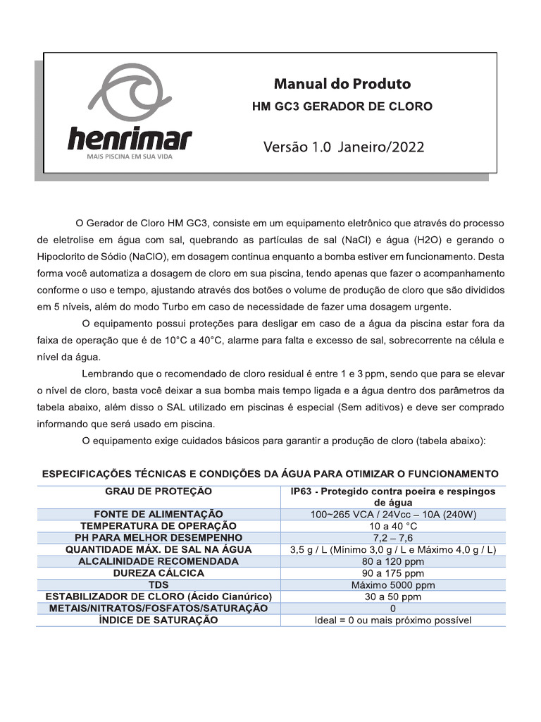 GERADOR DE CLORO HM GC3 Edicao Janeiro 2022 | PDF