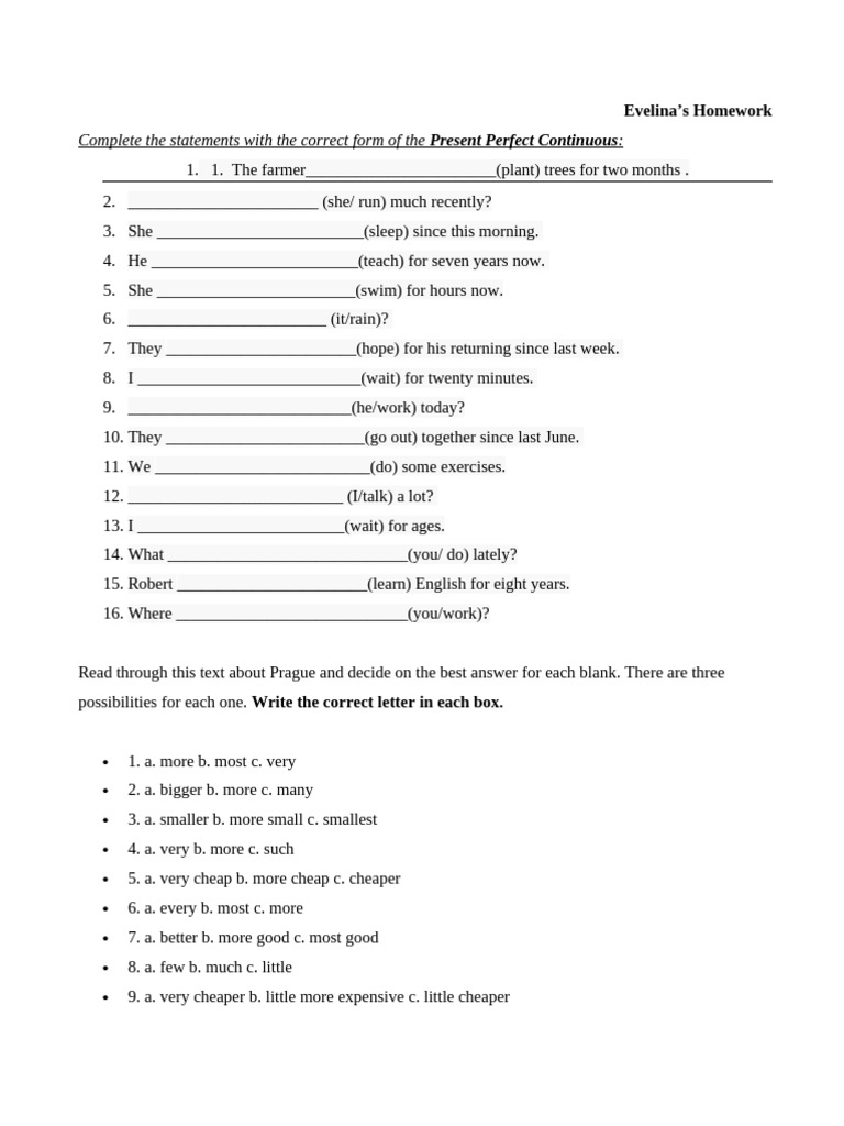 Present Perfect Continous and Comparisons - Intermediate | PDF | Prague