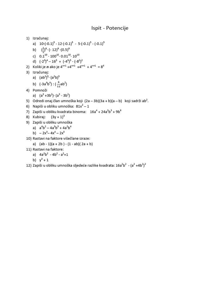 PISANA PROVJERA ZNANJA 1.R - Potencije | PDF
