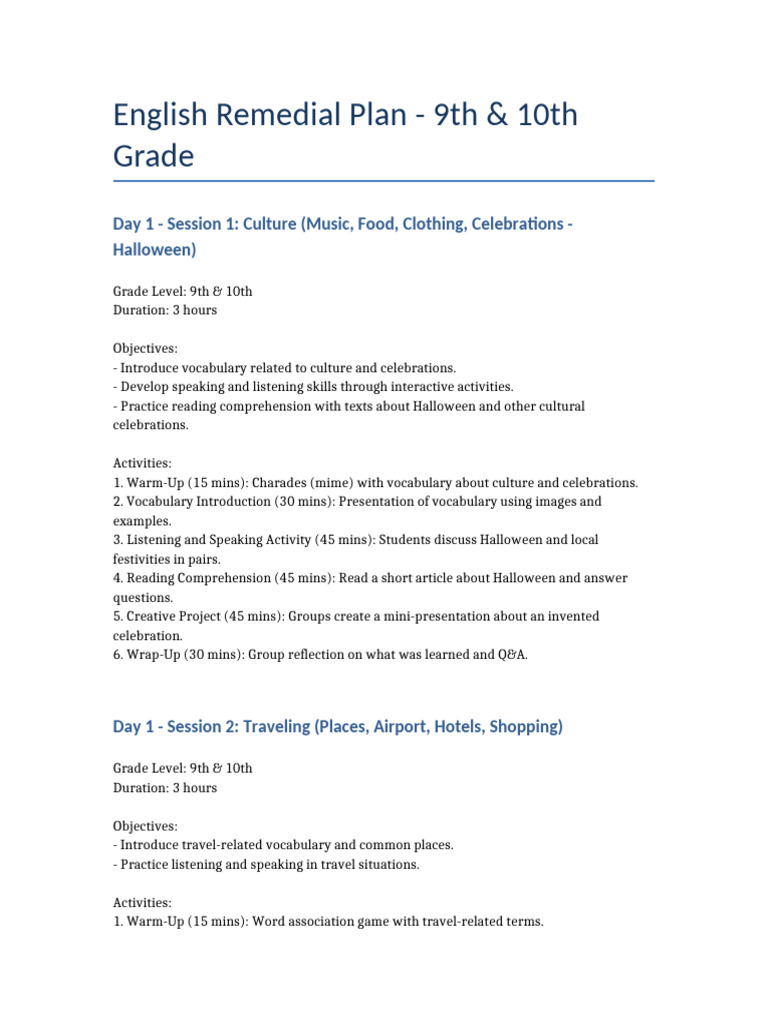 English Remedial Plan for Grades 9-10 | PDF | Language Arts ...
