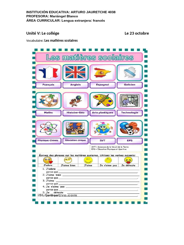 Unité V Les Matieres Scolaires | PDF