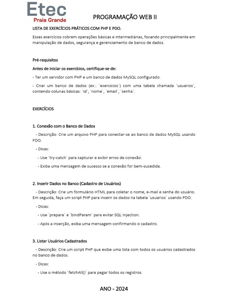 Lista de Exercícios Práticos Com PHP e Pdo 1 | PDF | Bancos de dados | Php