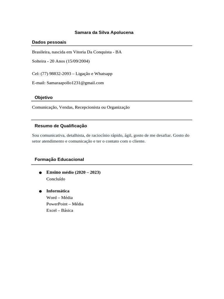 Currículo de Samara Apolucena | PDF | Carreira e Crescimento
