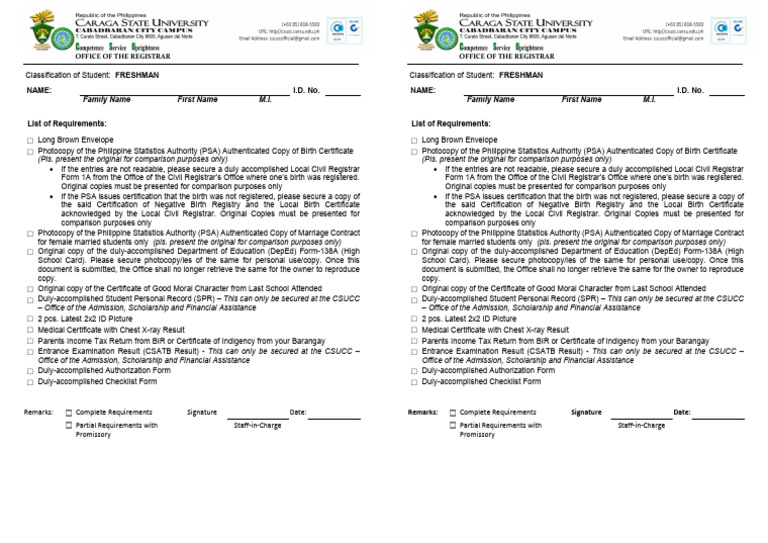 Csucc Enrolment Checklist Form Freshmen 1 | PDF | Birth Certificate ...