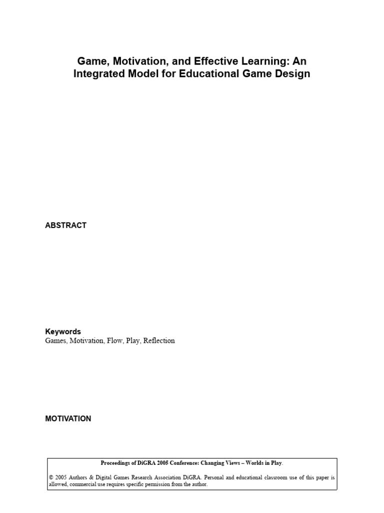 Game Motivation And Effective Learning Anintegrated Model For Educational Game Design Pdf