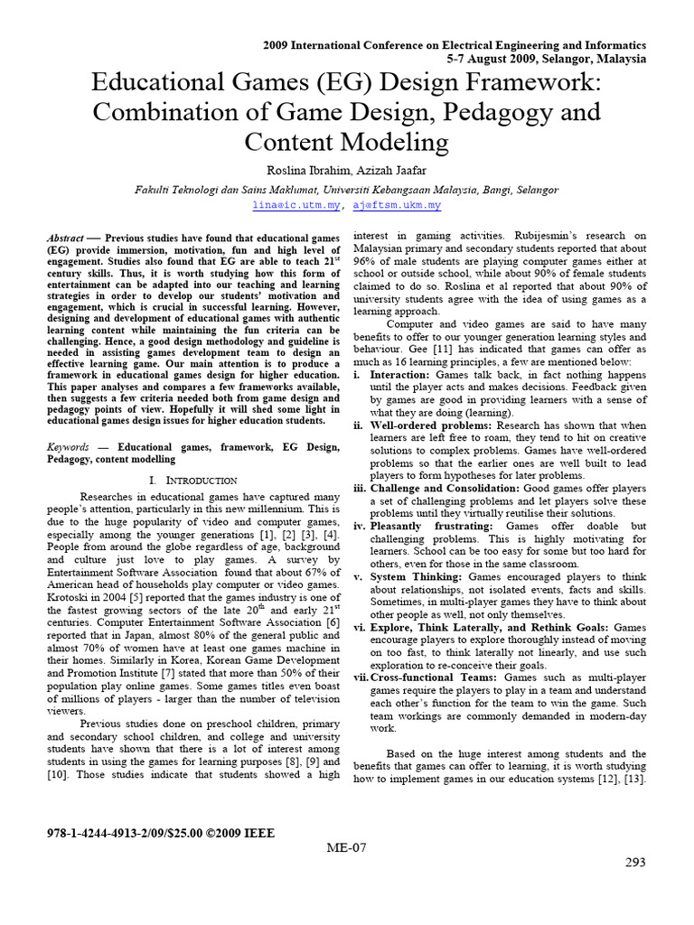 Educational Games (EG) Design Framework - Combination of Game Design, Pedagogy and Content ...