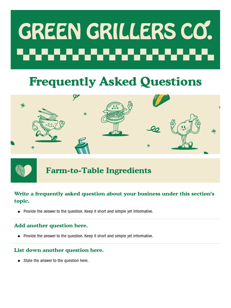Food & Restaurant FAQs Doc in Green Cream Yellow Bold Nostalgia Style ...