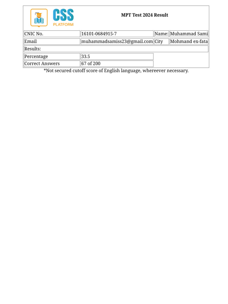 MPT Test 2024 Result by CSS Platform | PDF MPT Test 2024 Result by CSS Platform | PDF