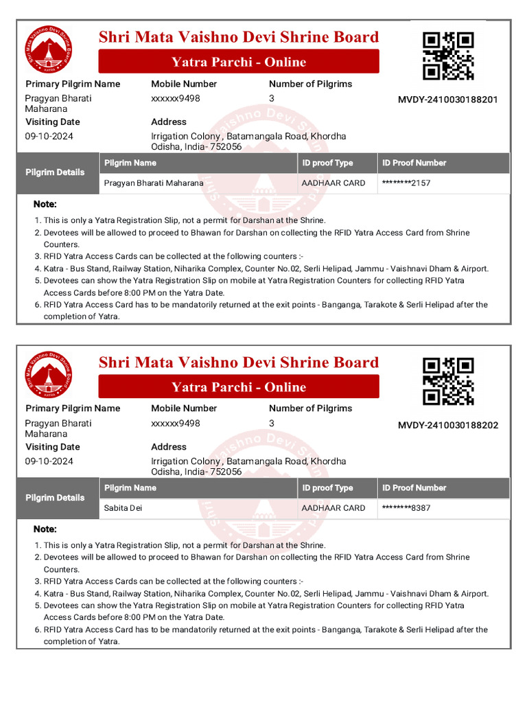 Yatra Parchi Vaishnodevi | PDF | Pilgrimage | Hindu Worship
