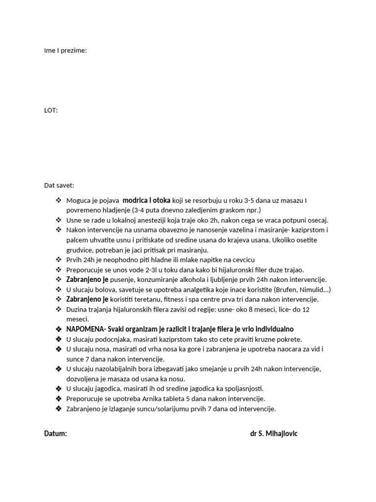 Uputstvo Hijaluronski Fileri Za Pacijente | PDF