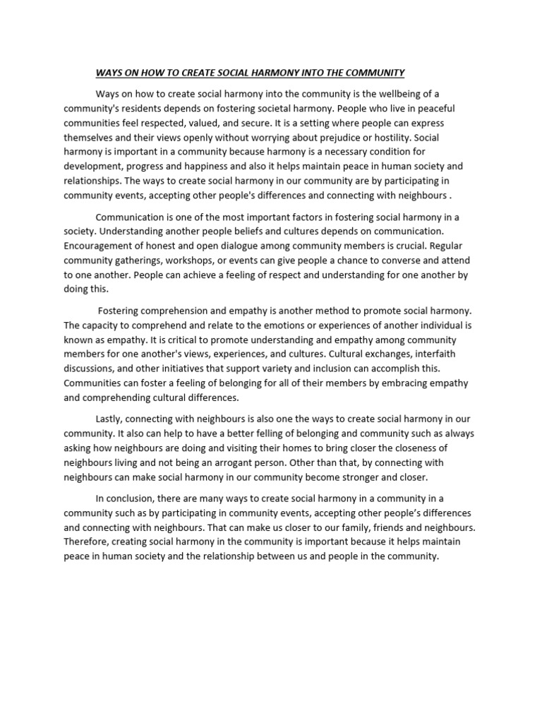 Latest Full Paragraph Essay (Ways To Create Social Harmony Into The ...