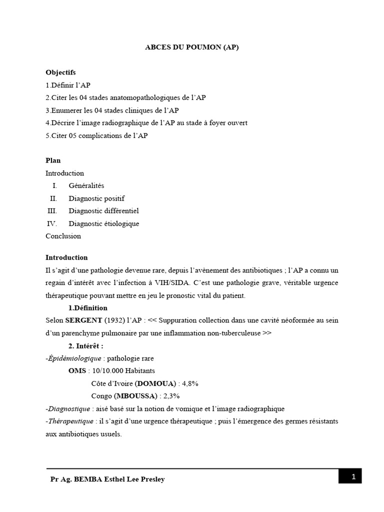 Abcès pulmonaire : diagnostic et stades | PDF | Poumon | Médecine clinique