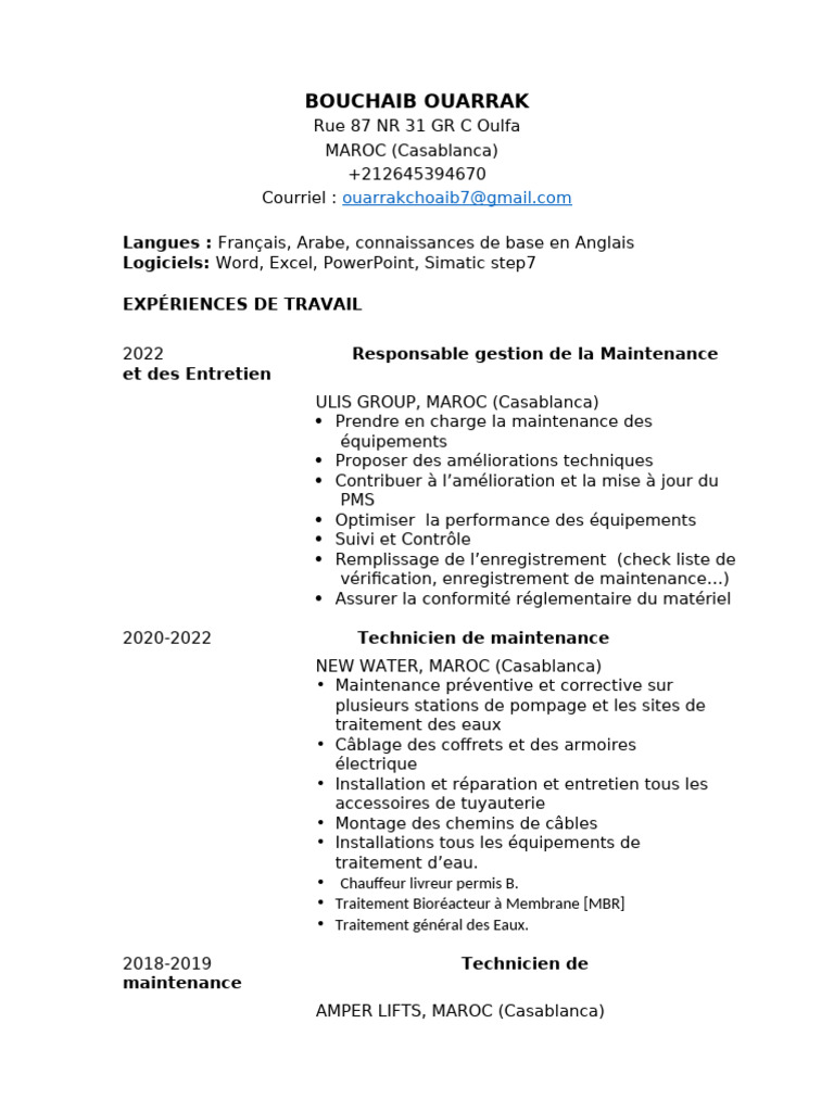 CV Technicien Maintenance Industrielle | PDF | Maroc | Informatique