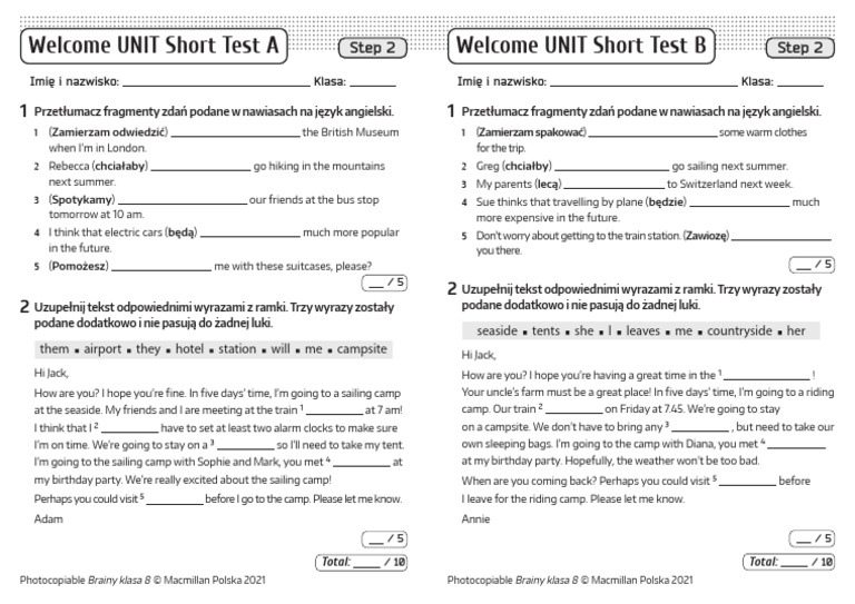Brainy Kl8 Short Tests Welcome Unit Step 2 | PDF