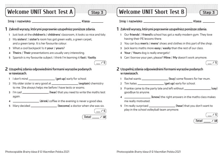 Brainy Kl8 Short Tests Welcome Unit Step 3 | PDF Brainy Kl8 Short Tests Welcome Unit Step 3 | PDF