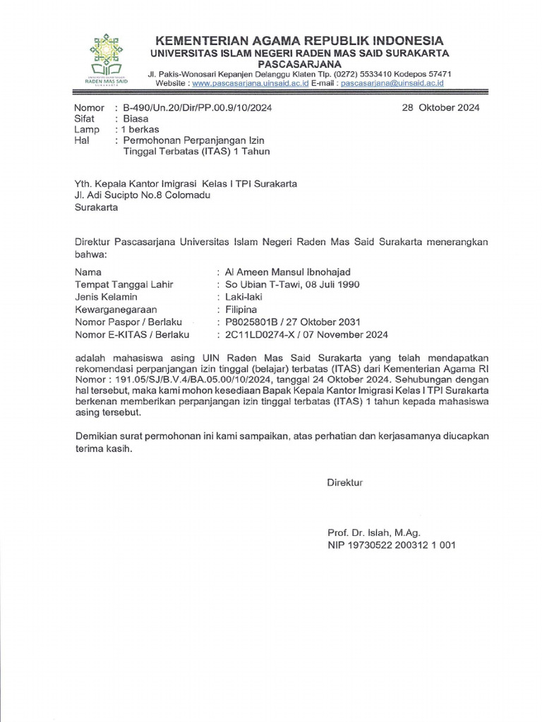 Permohonan Izin Tinggal AL AMEEN - 0001 | PDF