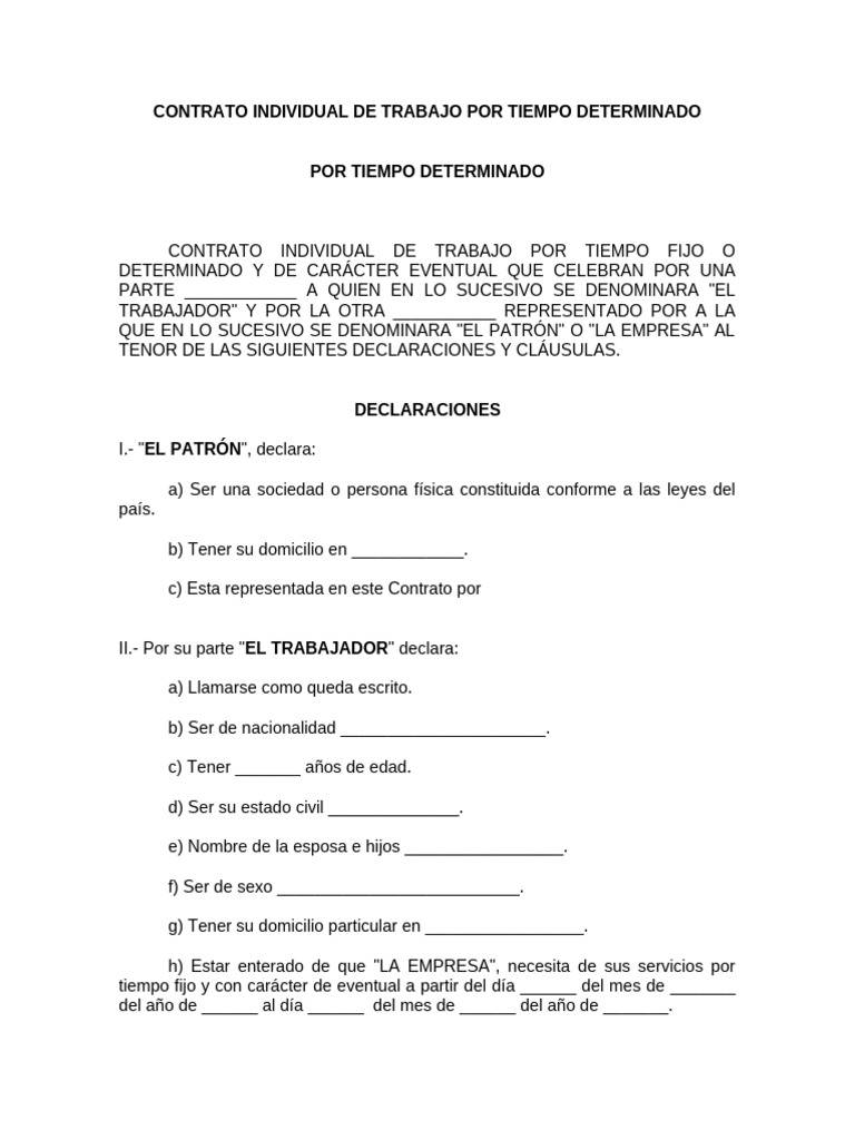 Contrato Individual de Trabajo Por Tiempo Determinado | PDF | Salario | Business
