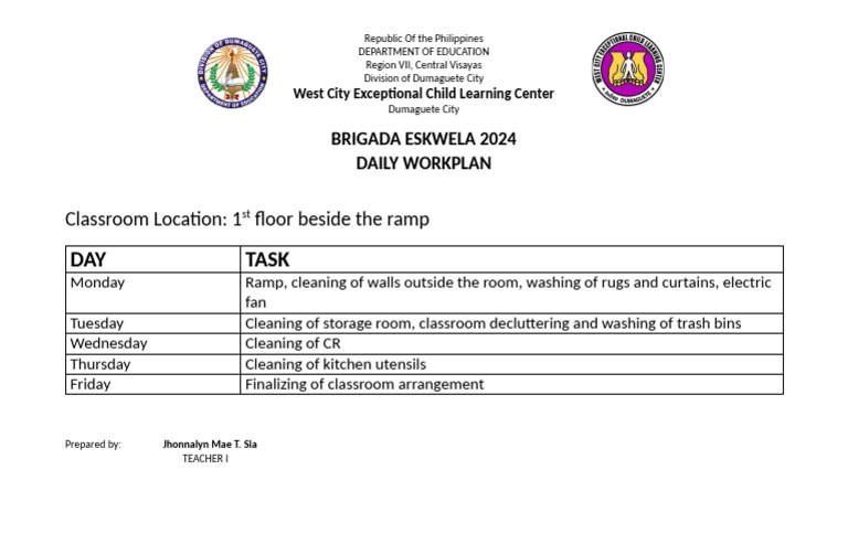 Sample BRIGADA ESKWELA WORKPLAN 2024 | PDF